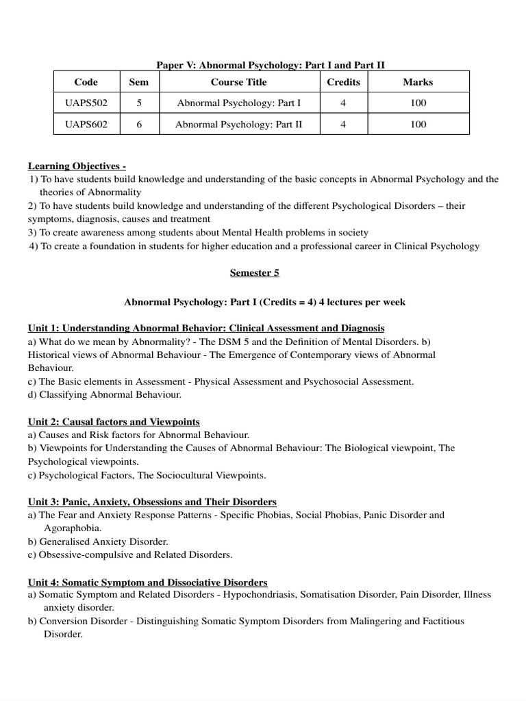 Abnormal Psychology Syllabus | PDF | Mental And Behavioural Disorders ...