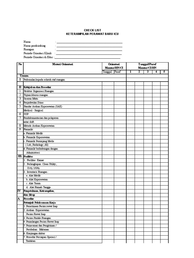Keterampilan Perawat Baru ICU: Checklist | PDF | Sains & Matematika
