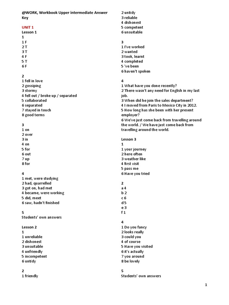 Unit 1: @WORK, Workbook Upper Intermediate Answer Key | PDF | Question