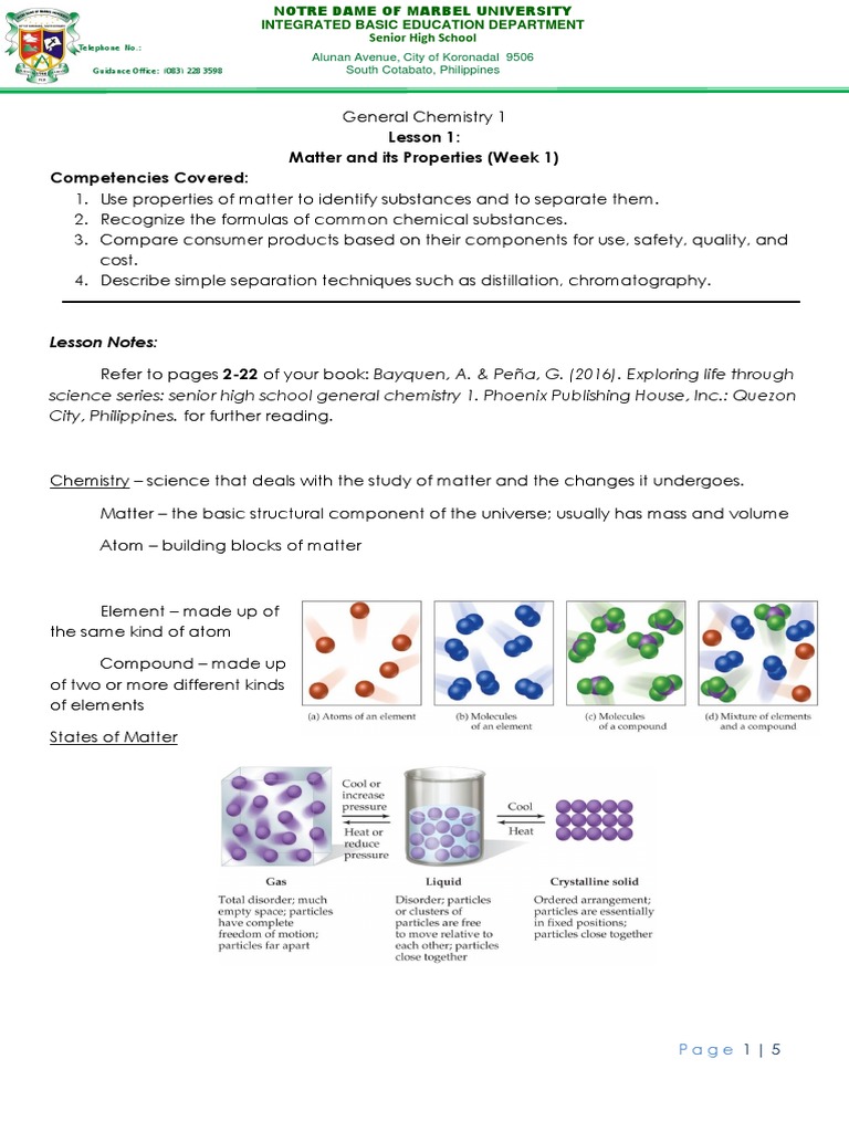 Lesson WK 1 - Matter and Its Properties | PDF | Chemical Substances ...
