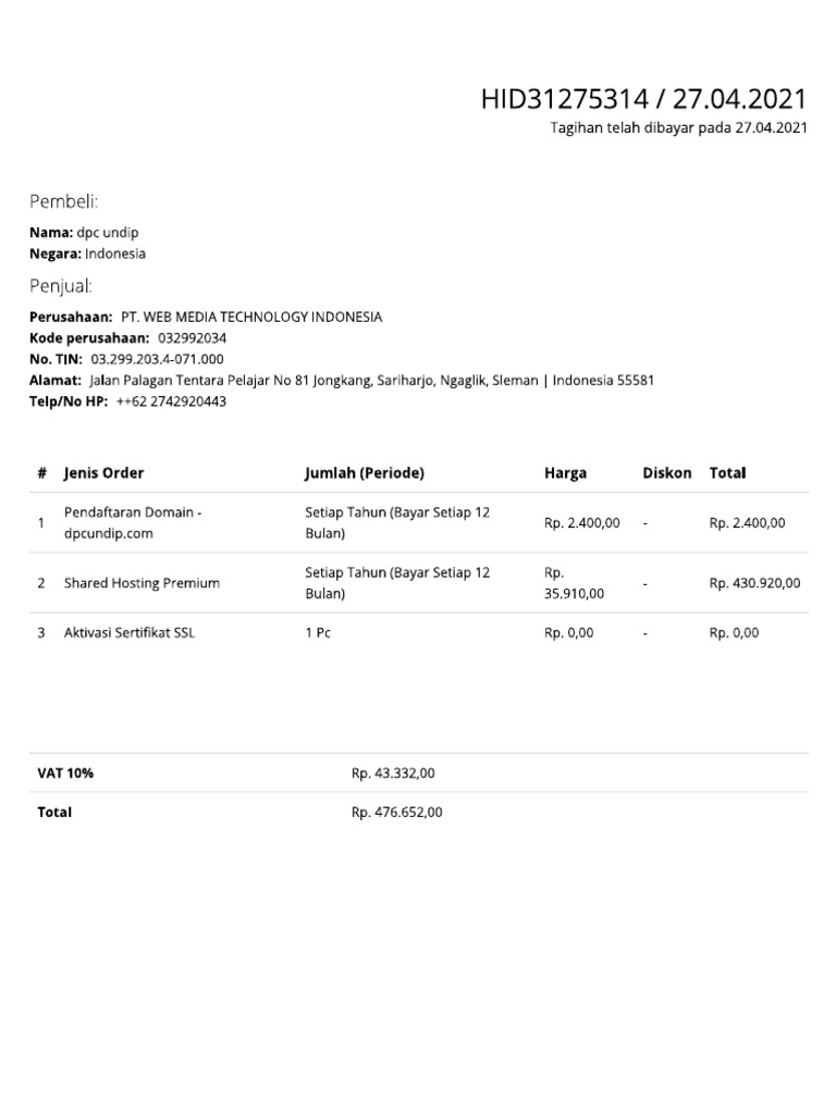 Invoice Untuk DPC Hostinger | PDF