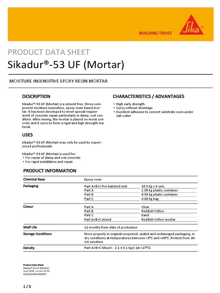 Sikadur®-53 UF (Mortar) : Product Data Sheet | PDF | Concrete | Mortar ...