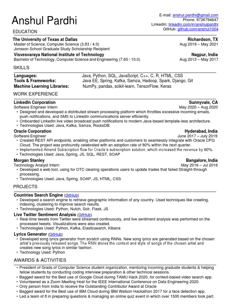 Anshul Pardhi Resume PDF | Download Free PDF | Java (Programming Language) | Cloud Computing