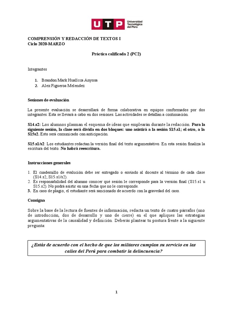 S14.s2 y S15.s1 s2 Práctica Calificada 2 (Cuadernillo) 2020 Marzo | PDF | Puntuación | Perú