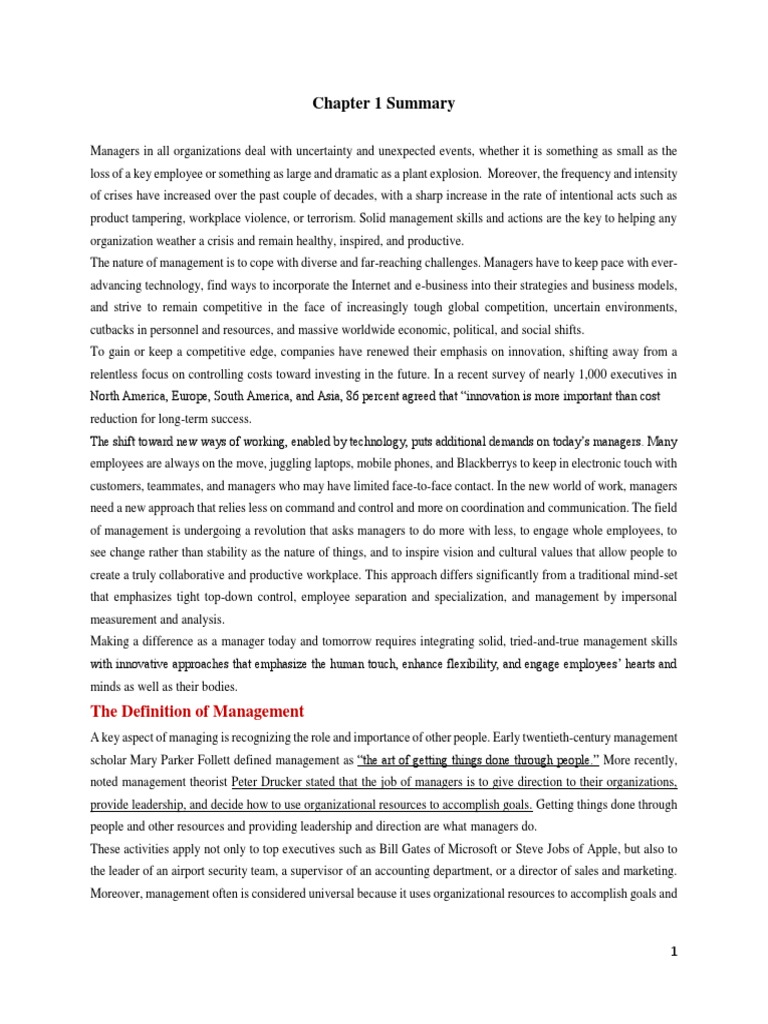 Chapter 1 Summary: The Definition of Management | PDF | Goal | Leadership