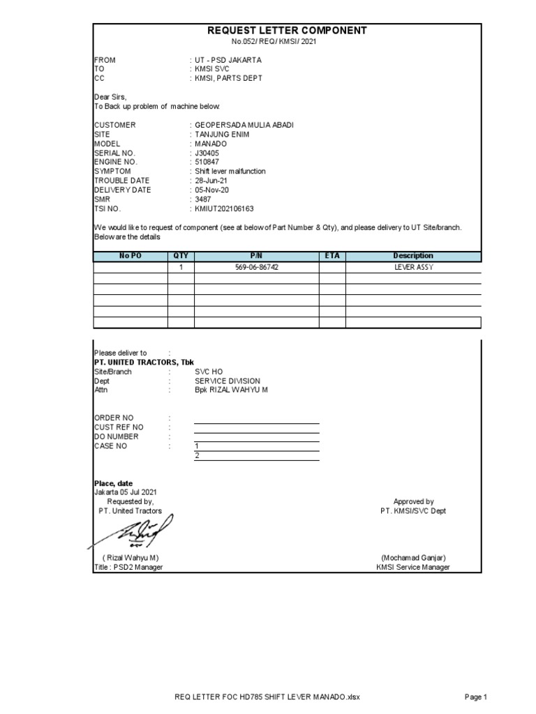 REQ LETTER FOC HD785 SHIFT LEVER MANADO-signed | PDF
