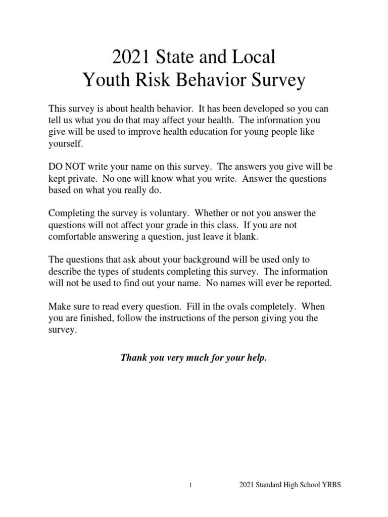 CDC 2021 Youth Risk Behavioral Survey Standard HS Questionnaire | PDF ...