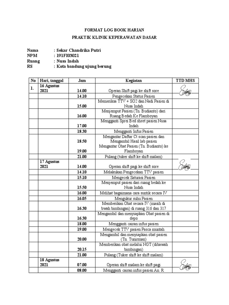 Contoh Format Log Book Harian Keperawatan | PDF