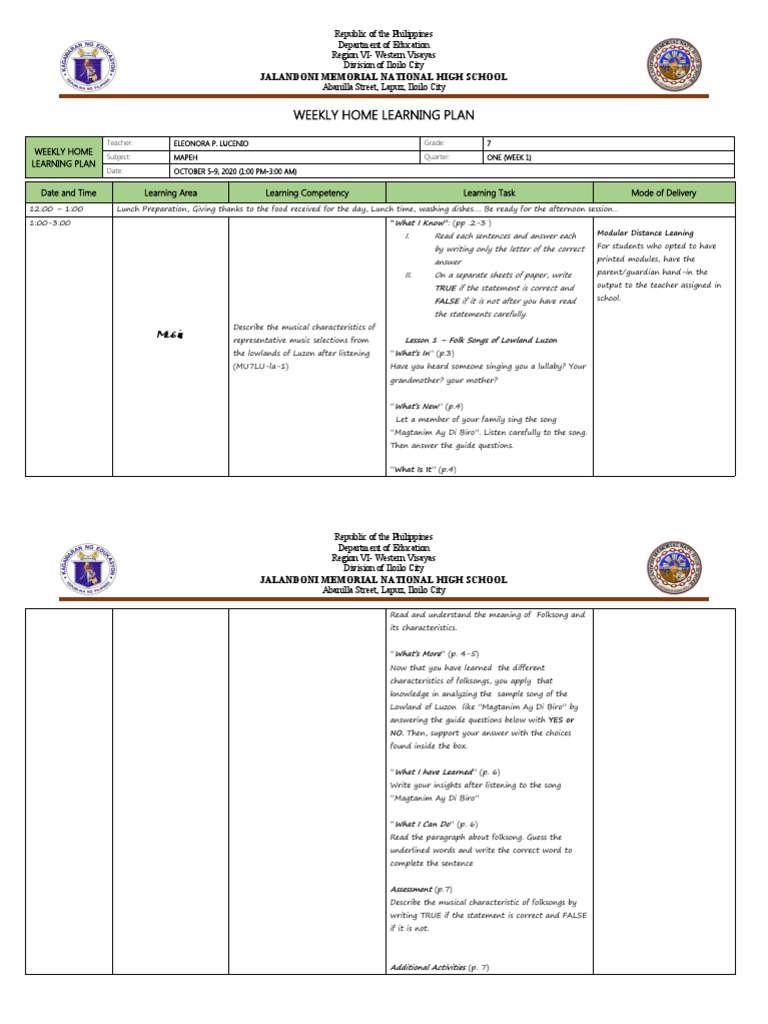 Whlp-Q1-Mapeh-7-Week-1-4 - Lucenio | PDF | Learning | Teachers