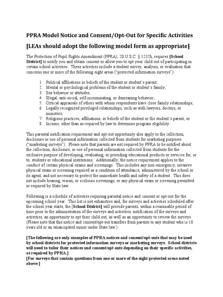 OPT OUT LETTER For School Surveys in Accordance With The Protection of ...