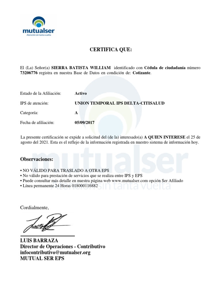 Certificado de Afiliación Mutual Ser | PDF