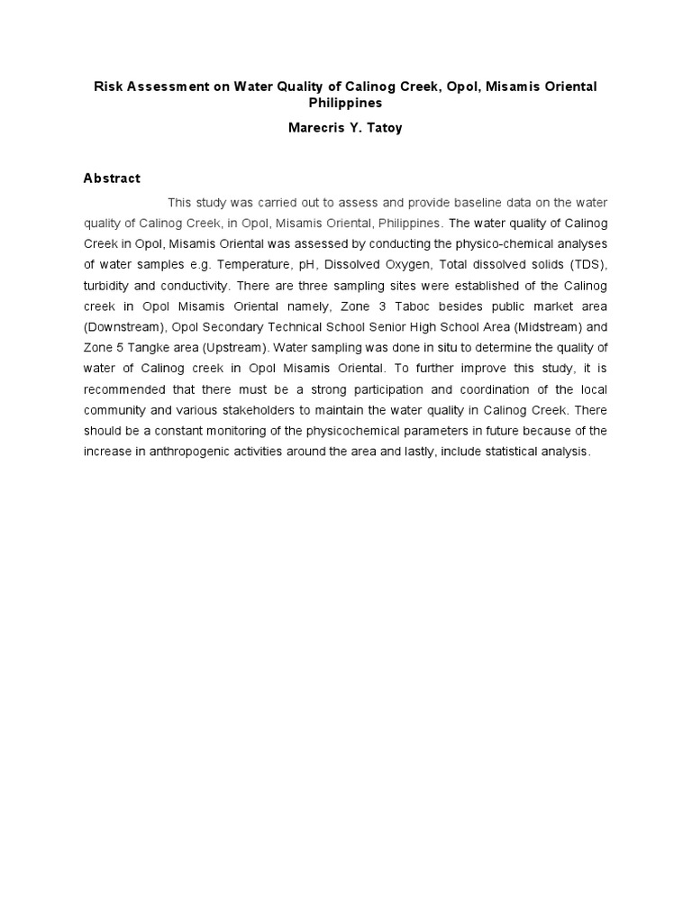 Risk Assessment On Water Quality of Calinog Creek | PDF | Water | Water ...