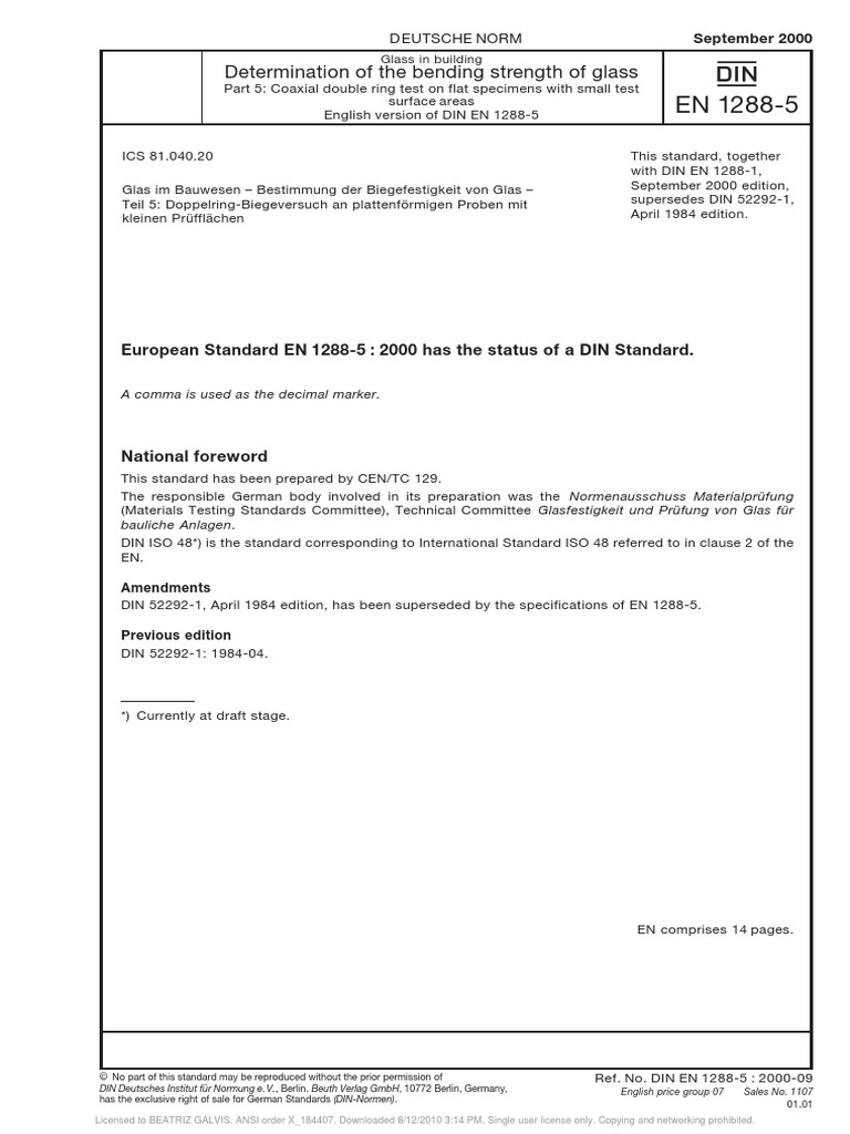 DIN EN 1288-5 (2000) Determination of The Bending Strength of Glass | PDF | International ...