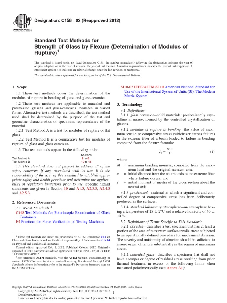 ASTM C158-02 (2012) Strength of Glass by Flexure (Determination of ...