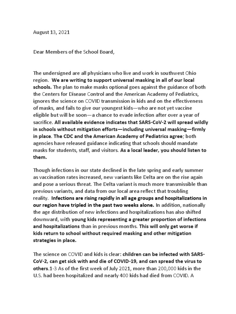 Cincinnati Physicians COVID Universal Mask Letter To Schools Final ...
