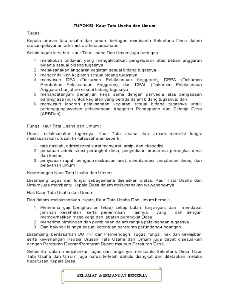 TUPOKSI Kaur Tata Usaha Dan Umum | PDF