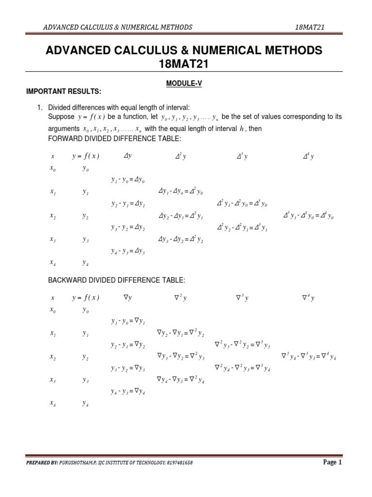 Advanced Calculus And Numerical Methods 18mat21 Module V Important Results Pdf Numerical 