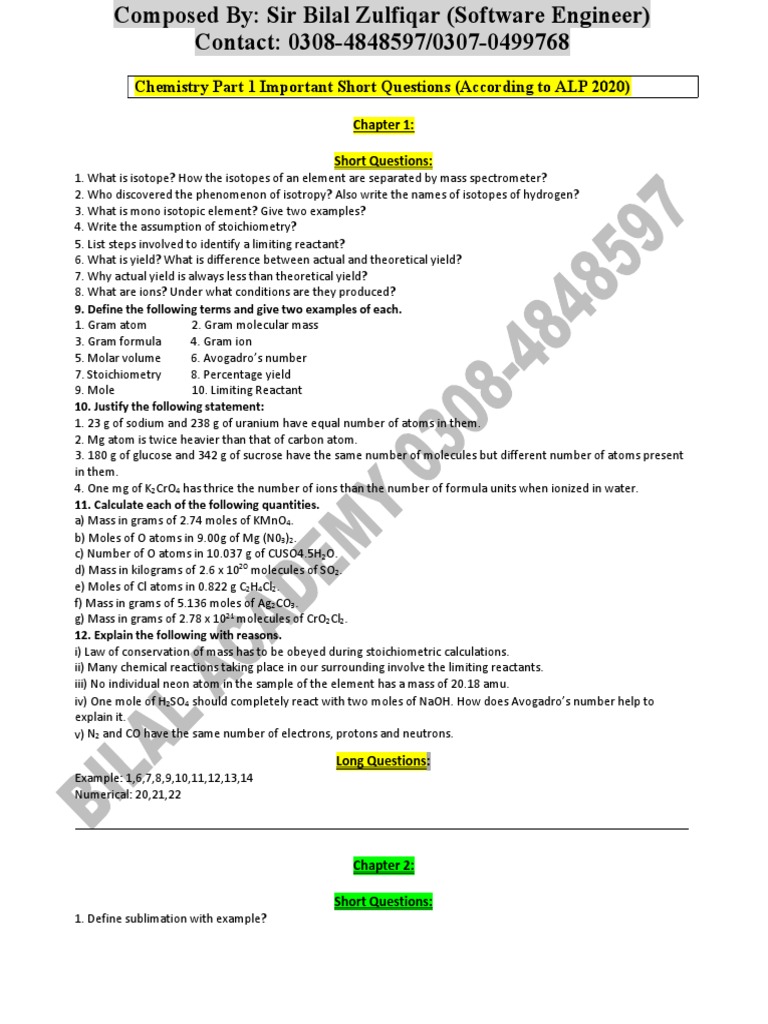 1st Year Chemistry Important Questions | PDF | Reaction Rate | Chemical ...