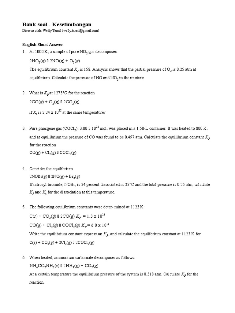 Bank Soal Kimia - Kesetimbangan | PDF | Chemical Equilibrium | Nitrogen
