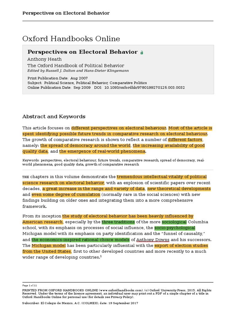 Oxford Handbooks Online: Perspectives On Electoral Behavior | PDF ...