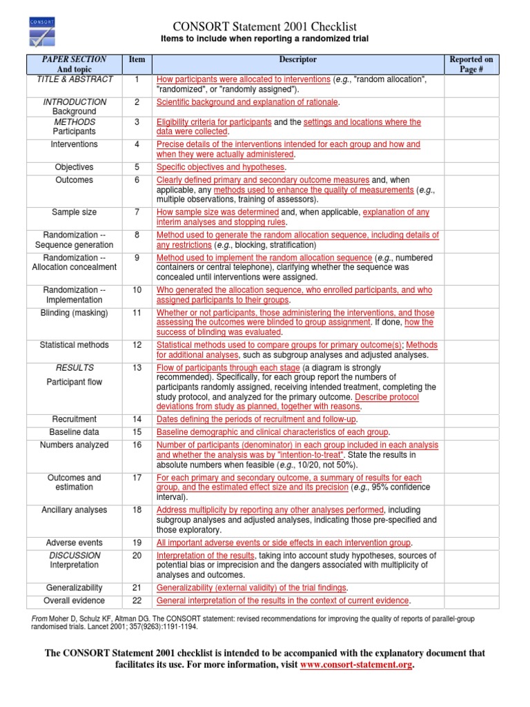 CONSORT Statement 2001 Checklist: Items To Include When Reporting A ...
