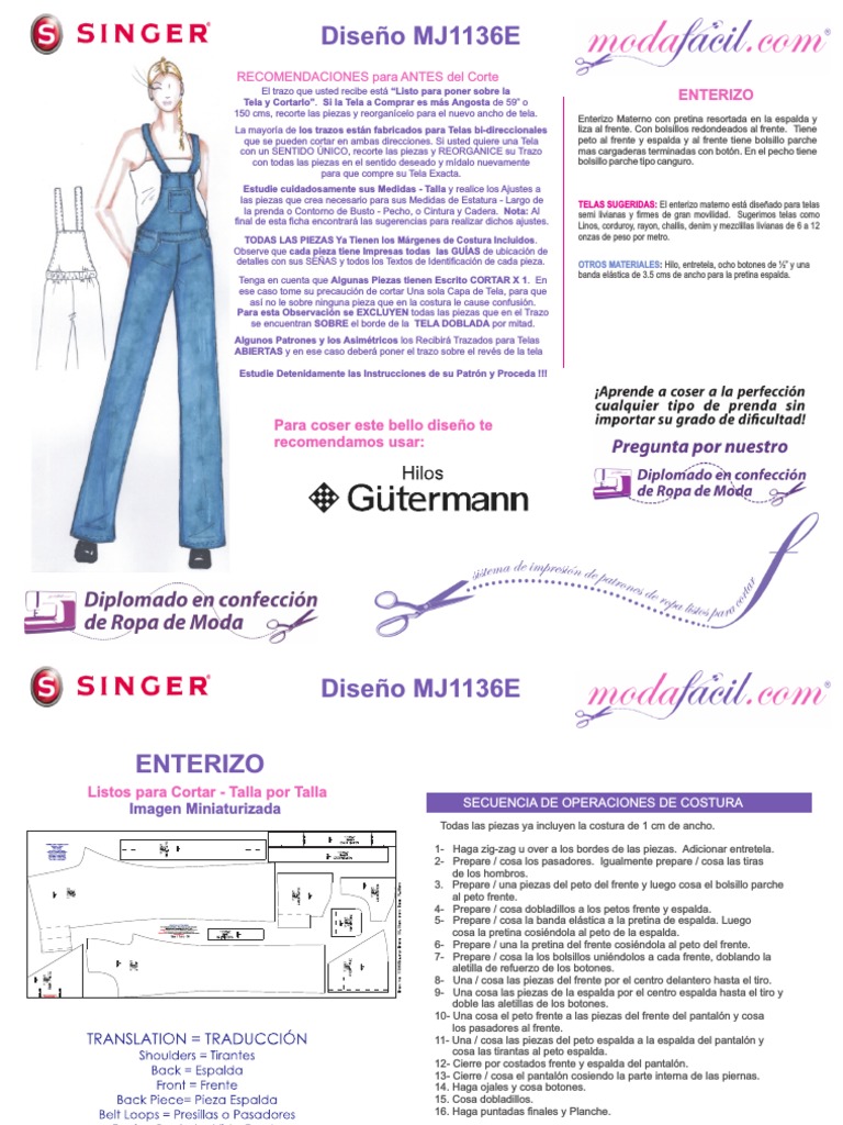 Instrucciones de Costura de Los Moldes de Overall o Enterizo Materno ...