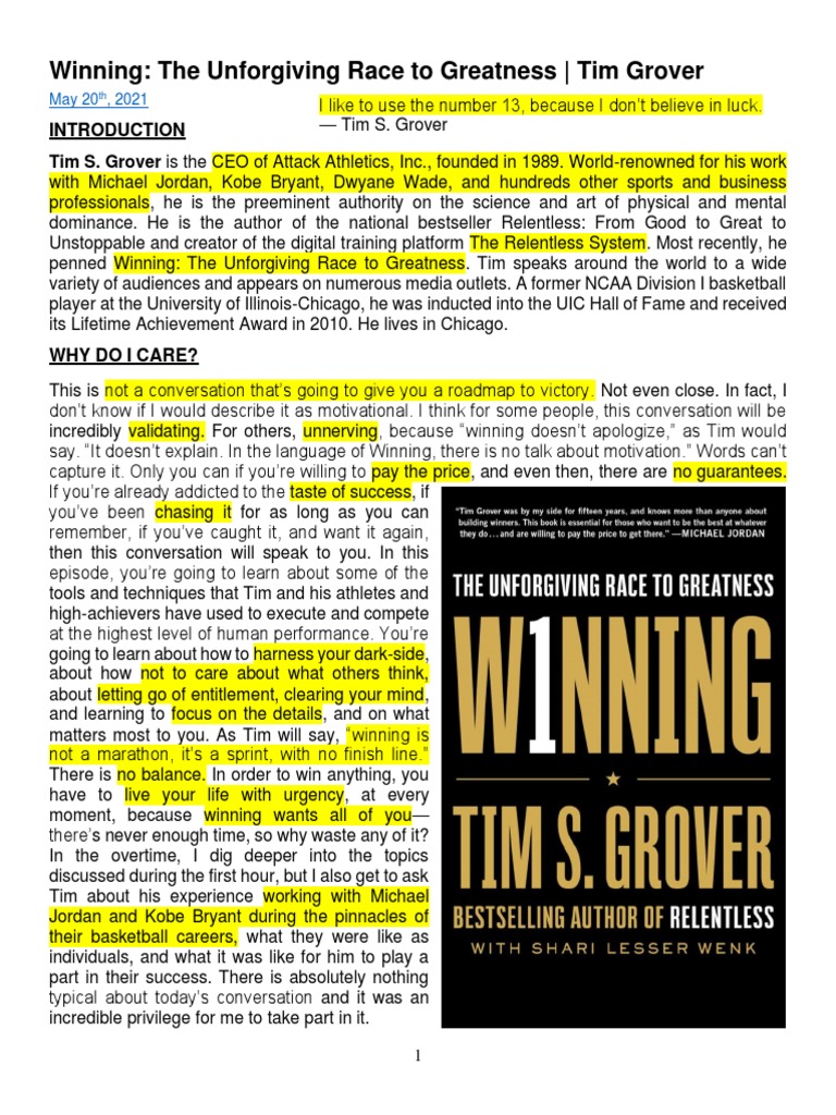 Winning: The Unforgiving Race To Greatness - Tim Grover | PDF | Self ...