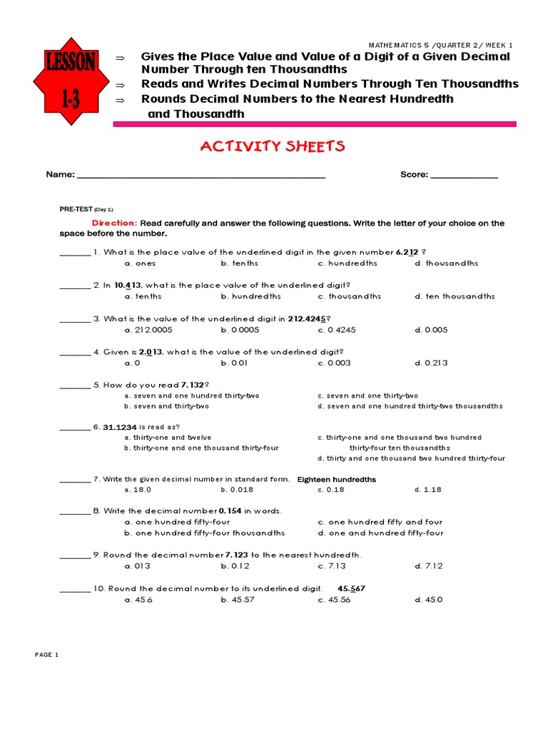 Mathematics 5 q2w1 Activity Sheet Final | PDF | Numbers | Decimal