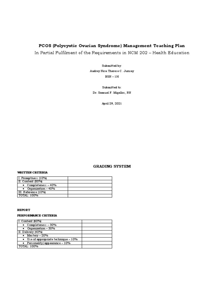 PCOS (Polycystic Ovarian Syndrome) Management Teaching Plan | PDF ...