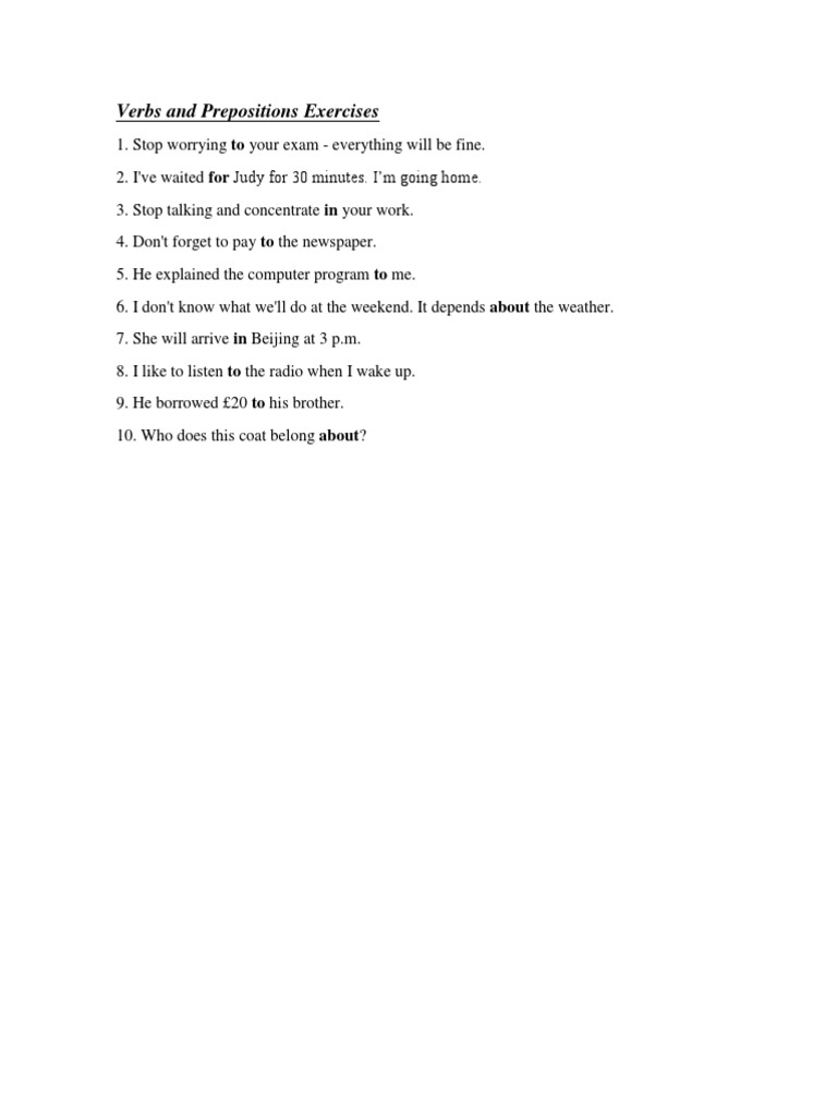 Verbs and Prepositions Practice Exercises | PDF