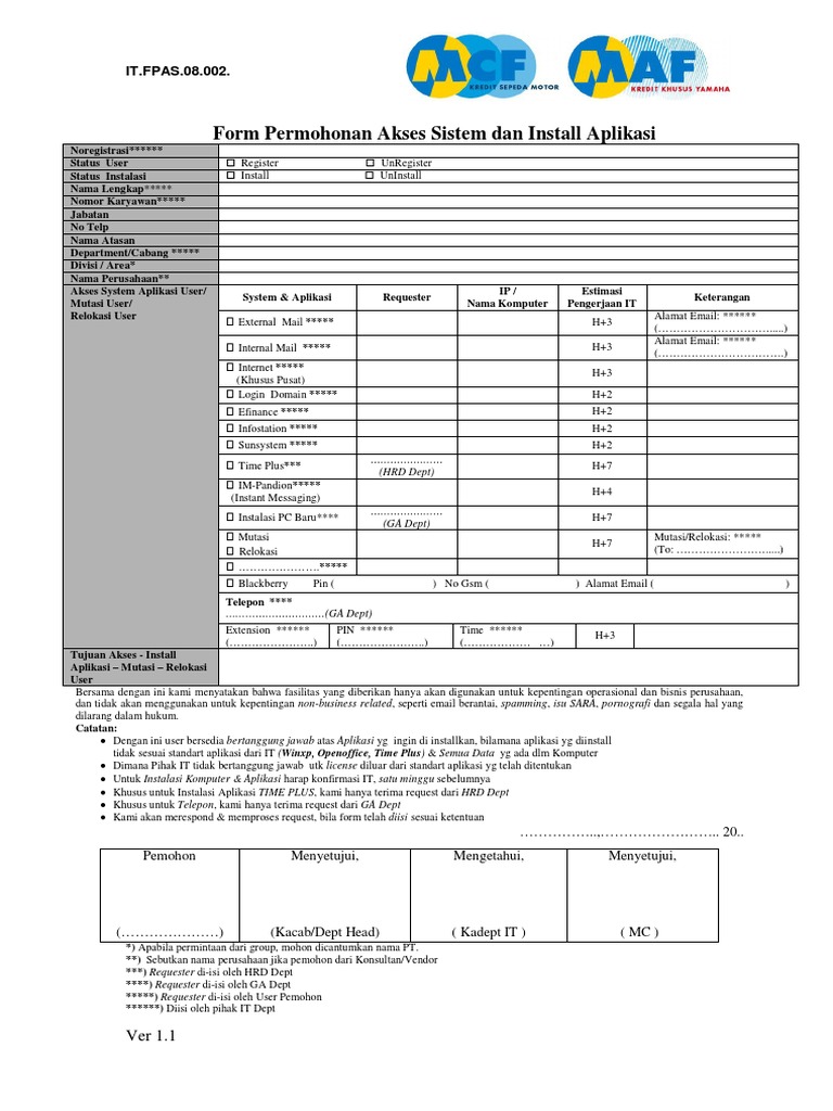 Form Permohonan Akses Sistem Dan Aplikasi 15 | PDF