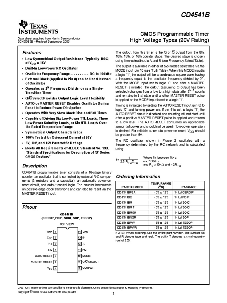 Cd4541b Cmos Programmable Timer Pdf Electronics Electronic