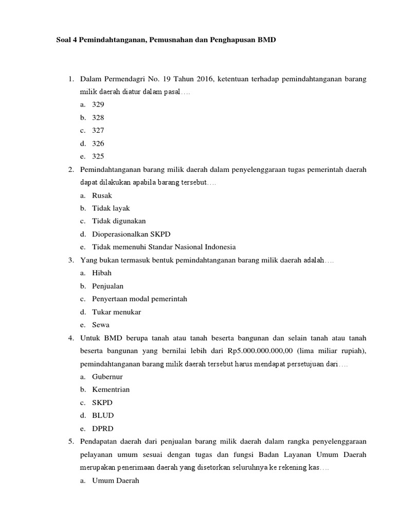 Soal 4 Pemindahtanganan, Pemusnahan Dan Penghapusan BMD | PDF