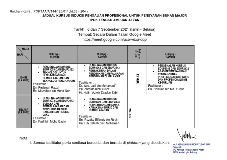 Jadual Kursus Induksi PP IPGKTAA 2021 | PDF