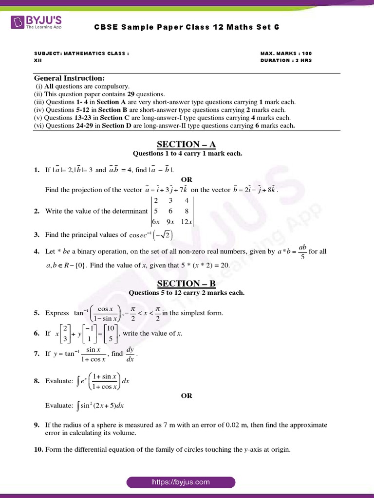 CBSE Class 12 Maths Sample Paper Set 6 | PDF | Elementary Mathematics ...