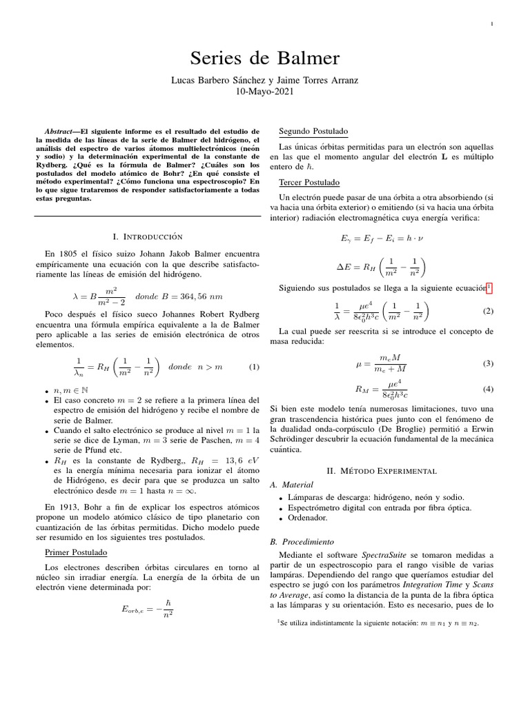Informe Series de Balmer | PDF | Física atómica | Química Física