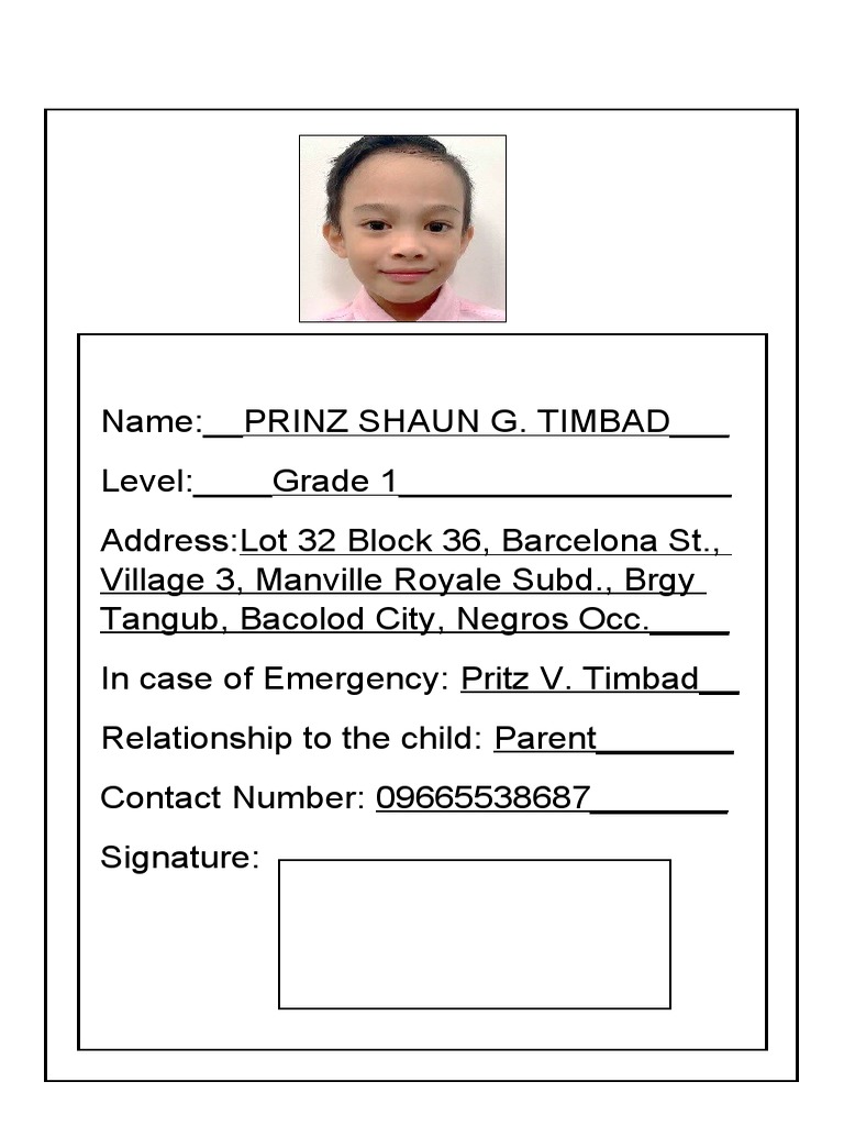 Student profile card for Prinz Shaun G. Timbad | PDF