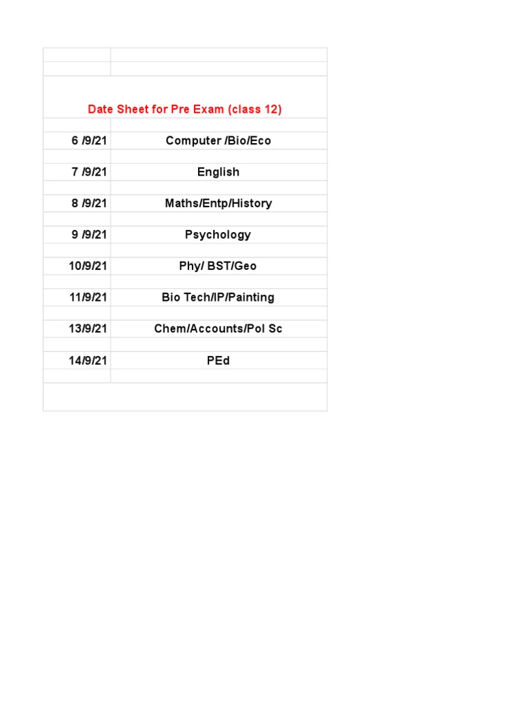 Class 12 Pre Exam Schedule | PDF