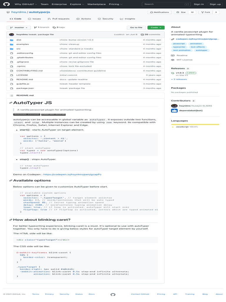 GitHub - Hsynlmsautotyperjs A Vanilla Javascript Plugin For Animated Typewriting | PDF | Java ...