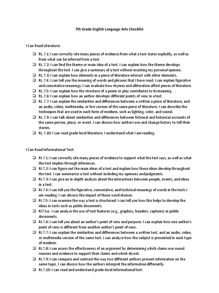 7th Grade English Language Arts Checklist | PDF | Word | Argument