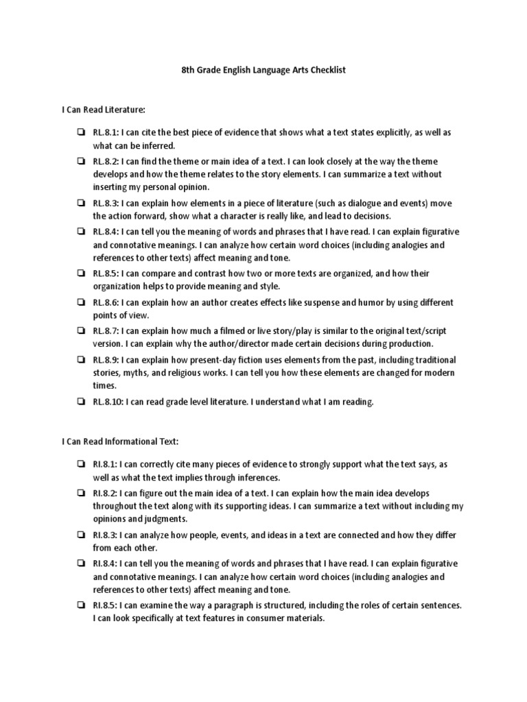 8th Grade English Language Arts Checklist | PDF | Verb | English Language