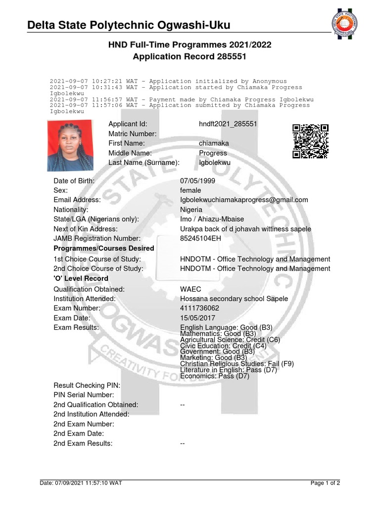 Delta State Polytechnic Ogwashi-Uku: HND Full-Time Programmes 2021/2022 Application Record ...