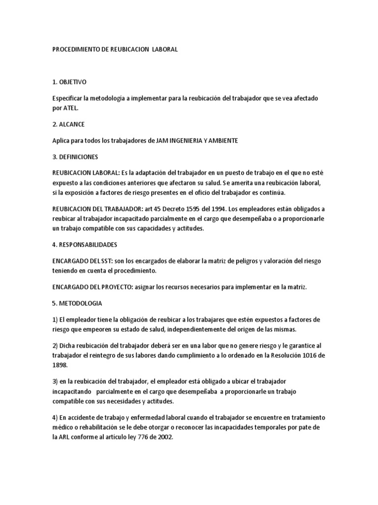 Procedimiento de Reubicacion Laboral | PDF