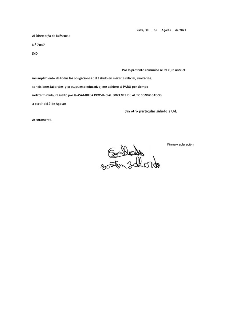 Adhesión a Paro Docente Indefinido | PDF