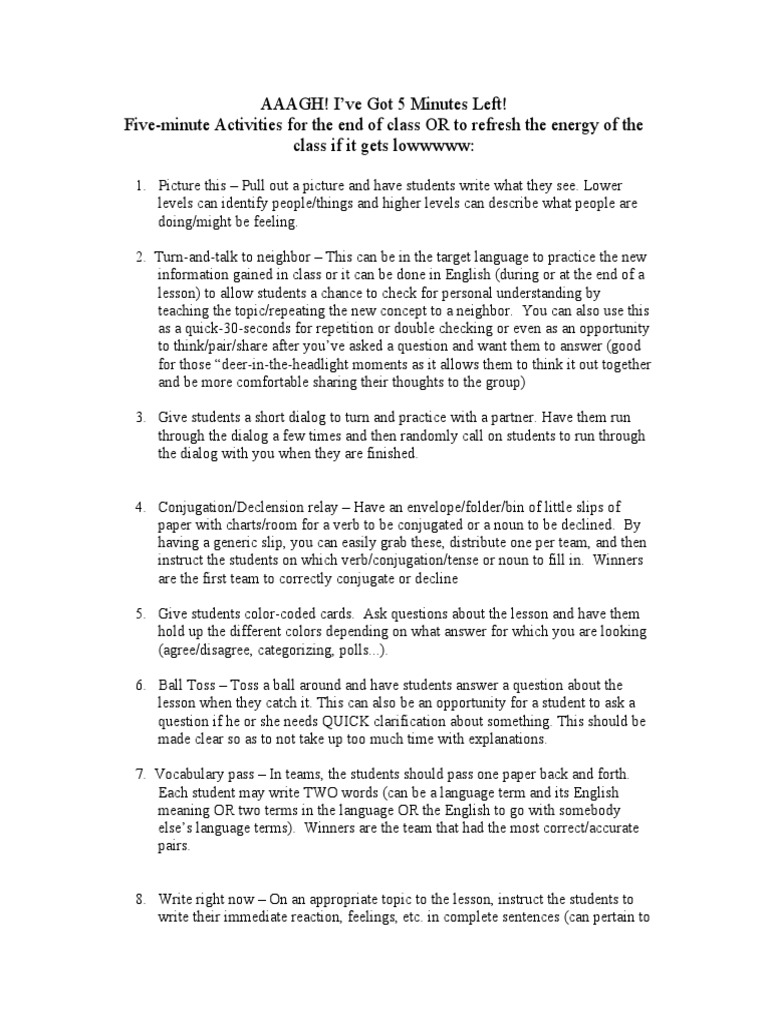 5 Minute Activities | PDF | Vocabulary | Question