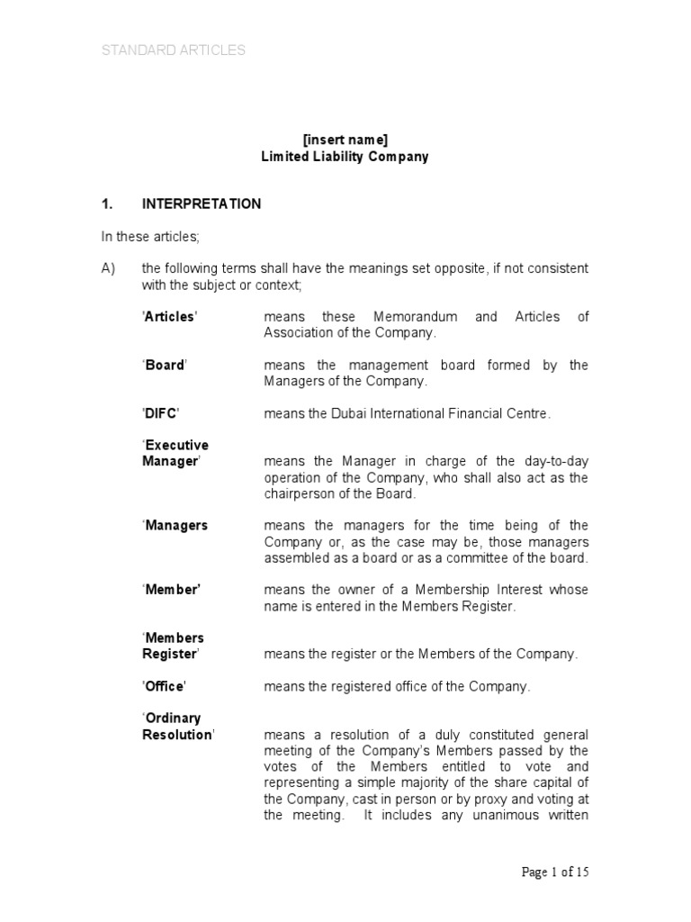 (Insert Name) Limited Liability Company: Standard Articles | PDF | Proxy Voting | Dividend