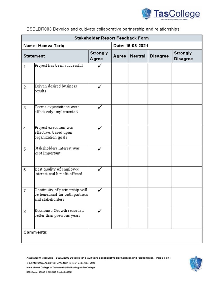 BSBLDR803 - V2.1 - Stakeholder Report Feedback Form.v2.1 | PDF