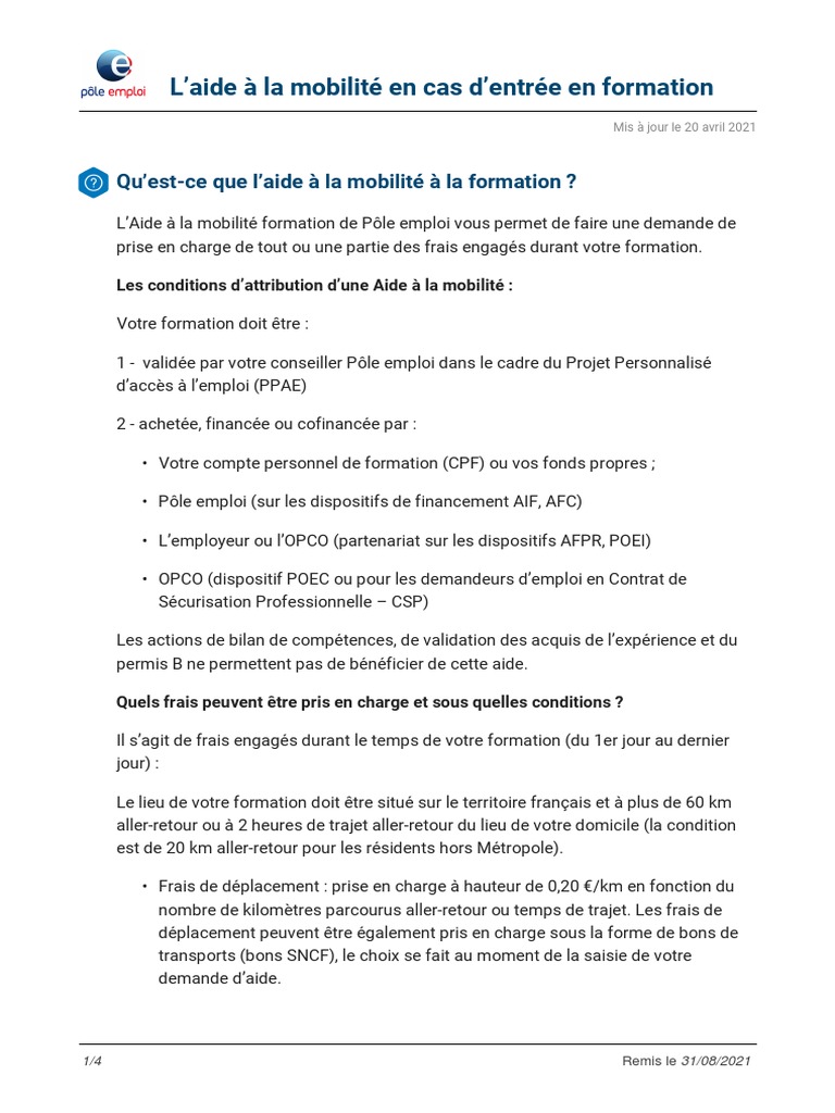 Fiche Info PE - Aide À La Mobilité | PDF