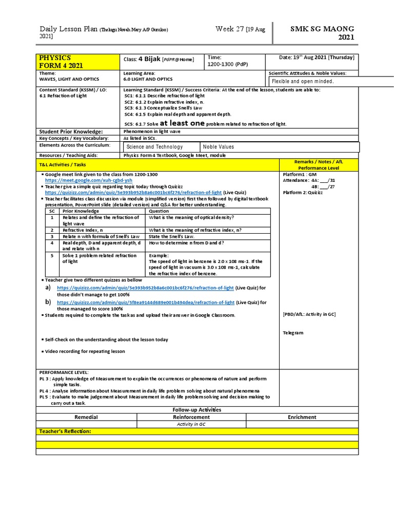 Lesson Plan | PDF | Refraction | Lesson Plan