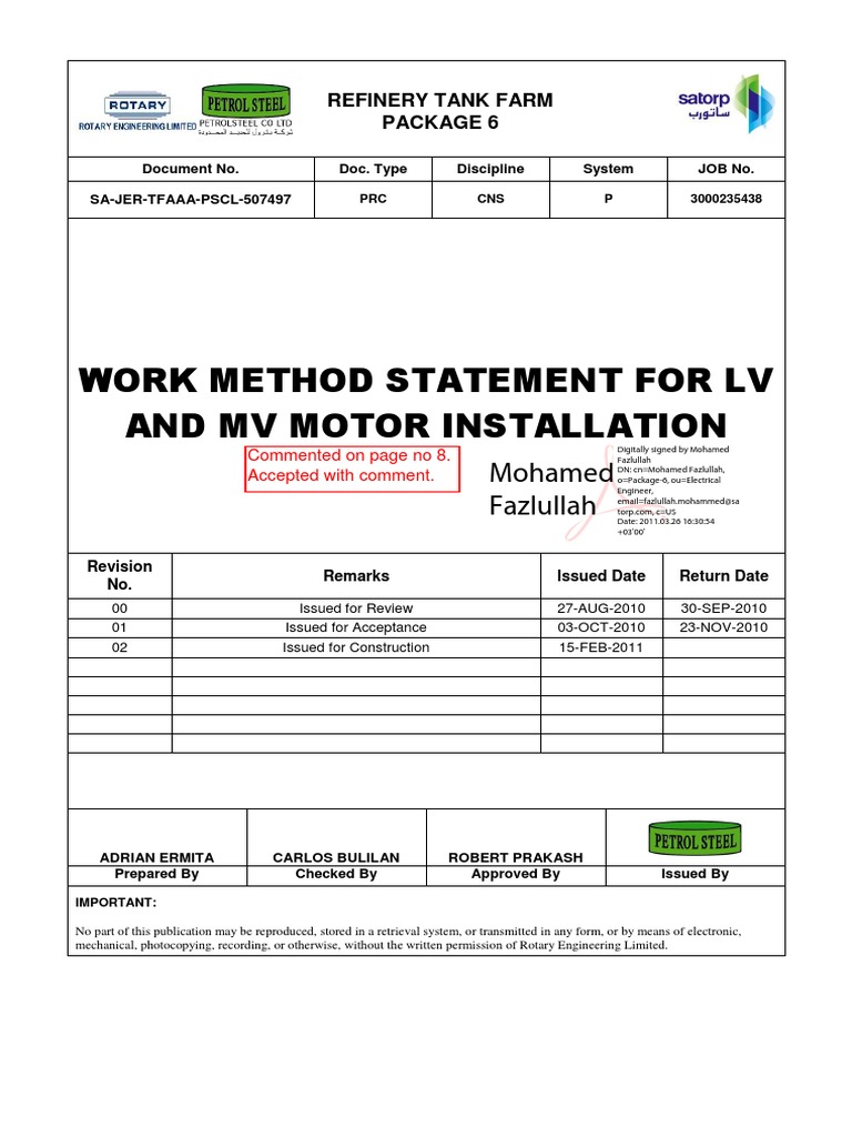Rev02-Work Method Statement For LV and MV Motor Installation | PDF ...